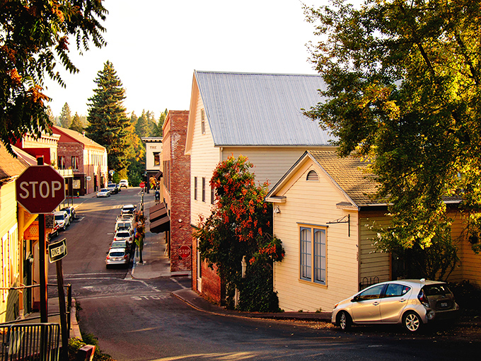 Colorful Victorian buildings line Nevada City's charming streets, where history meets small-town hospitality. Even the stop signs seem to whisper, "Stay awhile."