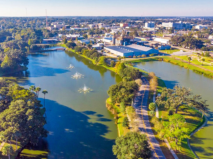 Ocala's peaceful waterfront offers a serene escape with fountains dancing across the lake's surface.