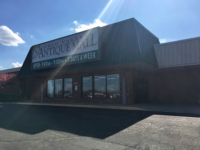 Sunlight bathes the Ohio Valley Antique Mall's welcoming facade. This unassuming exterior hides acres of vintage wonders waiting to be discovered.