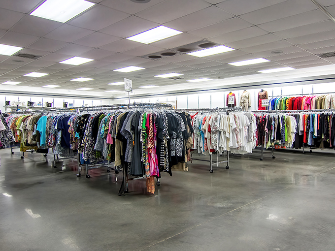 Rows of colorful clothing stretch endlessly like a rainbow of second-hand possibilities waiting to be discovered by savvy shoppers. 