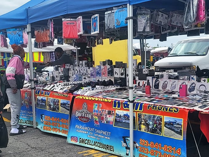 Cell phone accessories galore! This vendor's rainbow display could outfit your phone for years to come&mdash;all for less than dinner at Cheesecake Factory.