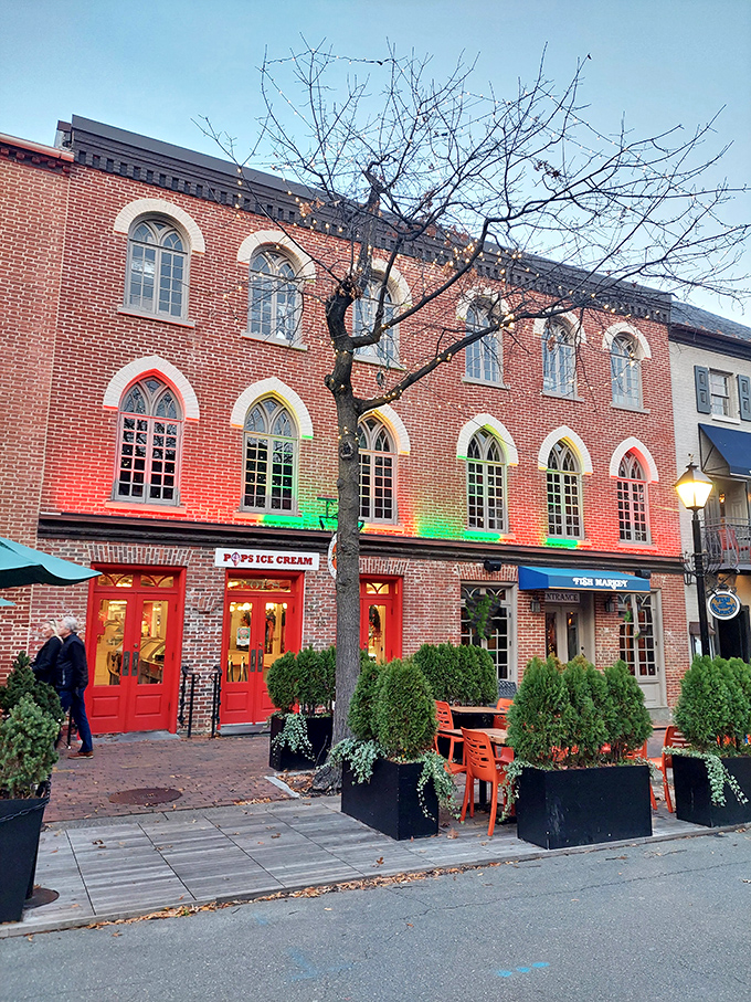 Pop's at twilight&mdash;where the rainbow-colored windows and red doors promise sweet dreams for night owls.