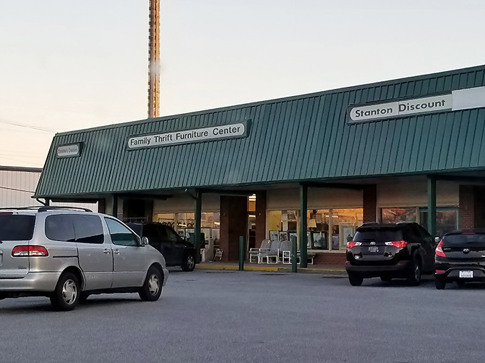 Family Thrift Furniture Center sits quietly in the evening light, waiting to reveal its affordable home d&eacute;cor secrets.