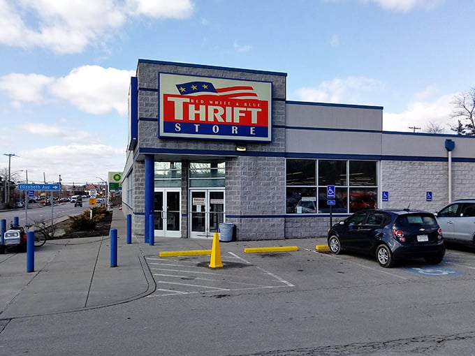 A welcoming storefront where budget-friendly fashion and fantastic finds await behind those big glass windows.