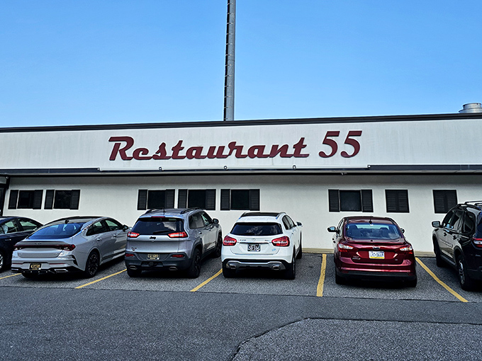 The packed parking lot at Restaurant 55 tells you everything – locals know where the good stuff is hiding.