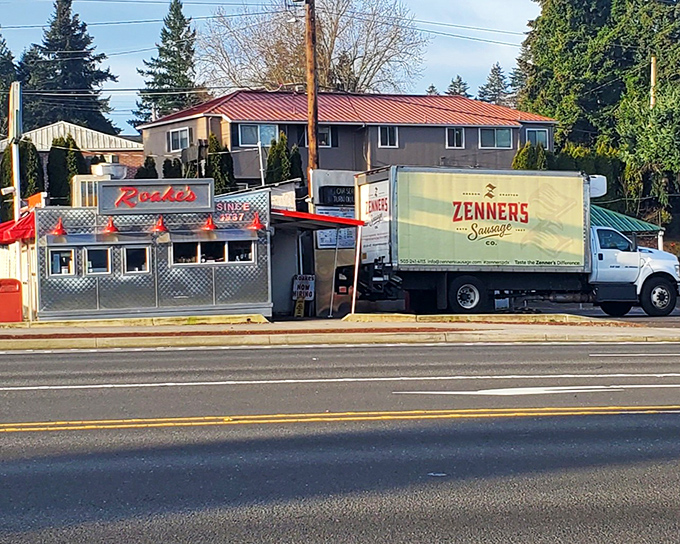 Hot dog heaven with a delivery truck outside! Nothing says "the real deal" like seeing the supply truck from a local sausage company parked right at the door.