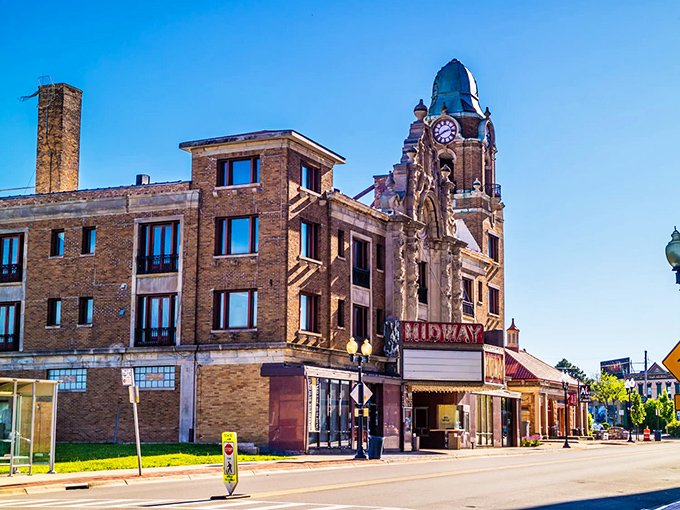 Rockford's iconic Midway Theater stands tall, a brick-and-mortar time machine to the golden age of cinema.