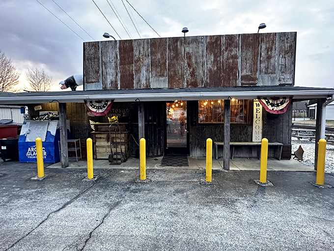 When winter comes to Lizton's BBQ gem. Those yellow posts aren't just decorative&mdash;they're guarding some of Indiana's most precious smoked treasures.