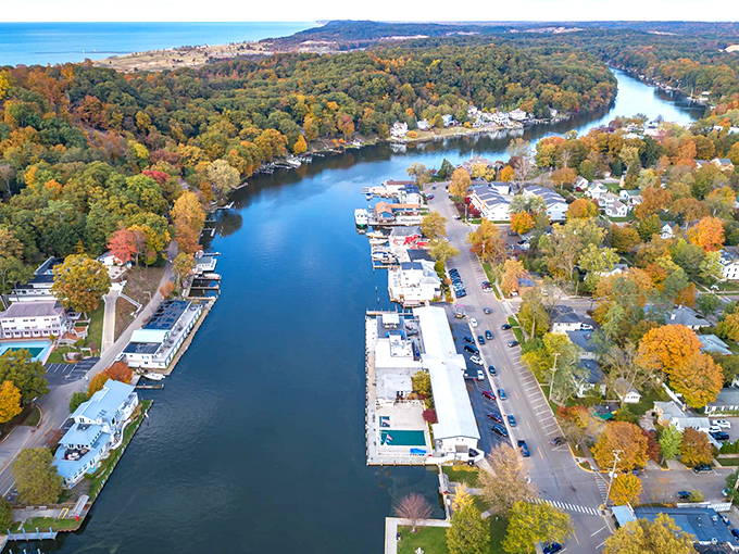 Saugatuck: Fall's fiery colors transform this harbor town into a painter's dream. Even the boats seem to pose for pictures!
