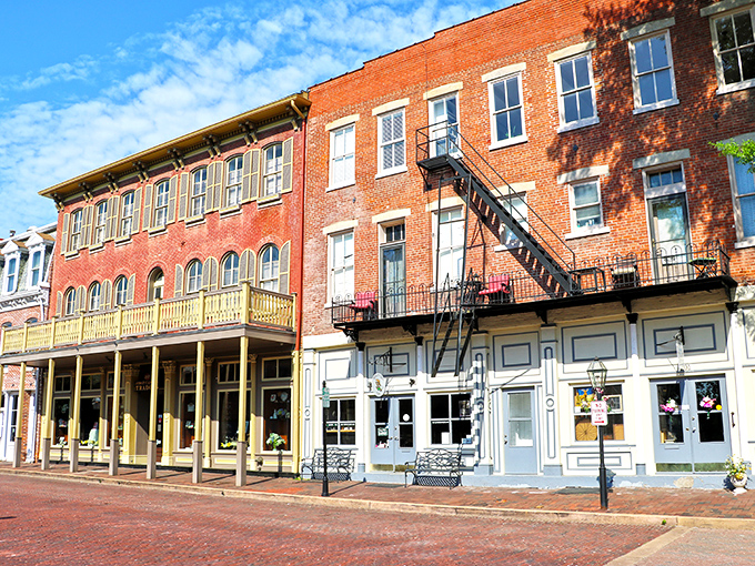 Brick-lined streets and historic storefronts in downtown St. Charles &ndash; where window shopping becomes an accidental history lesson with better architecture.