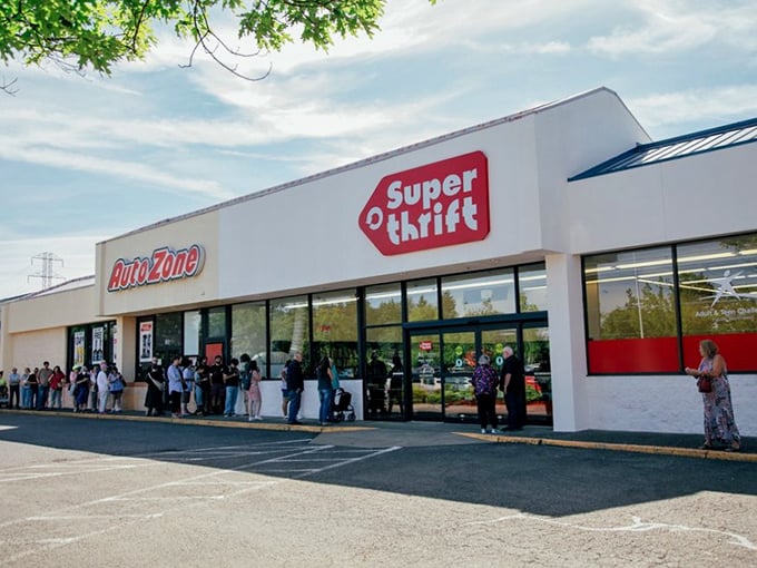 A line of eager treasure-seekers forms outside SuperThrift. Like Black Friday for the budget-conscious, but with better manners and more vintage lamps.