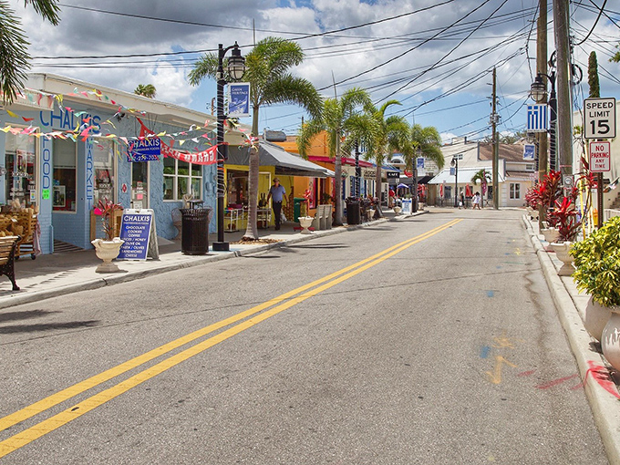 Colorful storefronts line the sponge docks like a rainbow of possibilities, each hiding treasures from the sea.