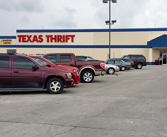 Cars line up outside Texas Thrift's donation center – today's castoffs becoming tomorrow's treasures for savvy shoppers.