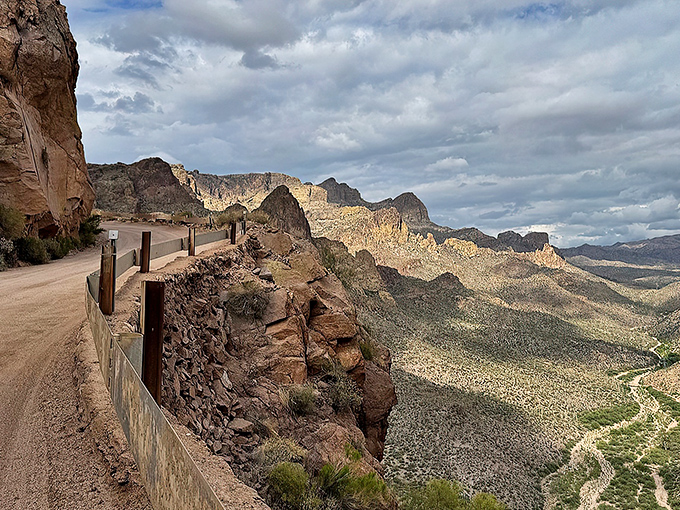 Around every bend of the Apache Trail, another postcard moment awaits &ndash; this one featuring a cliff-hugging road that would make James Bond nervous.