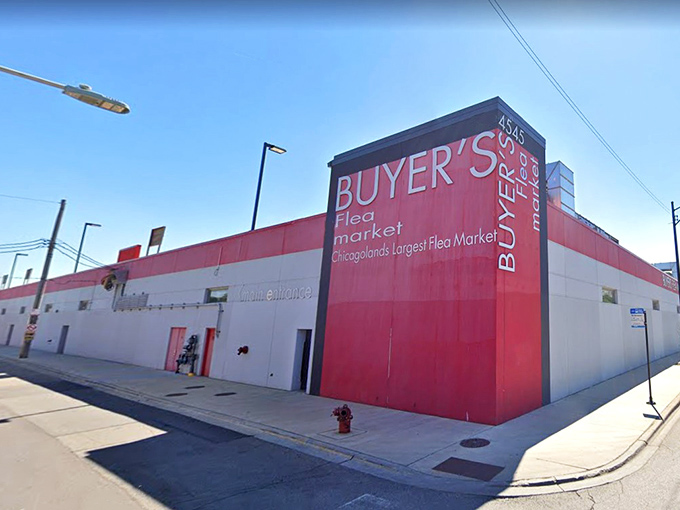 That bold red corner isn't just architectural flair&mdash;it's a siren call to treasure hunters. Like a Vegas casino for vintage finds!