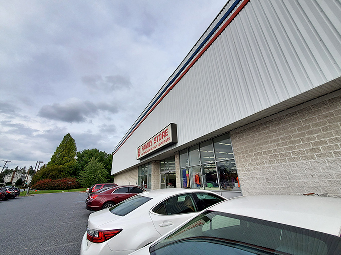 A thrifter's paradise awaits behind this unassuming exterior. The Salvation Army's spacious lot hints at the treasures within.