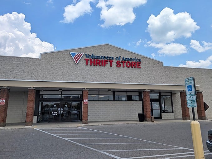 Blue skies frame this thrift paradise, where yesterday's castoffs become tomorrow's conversation pieces. Bargain heaven awaits!