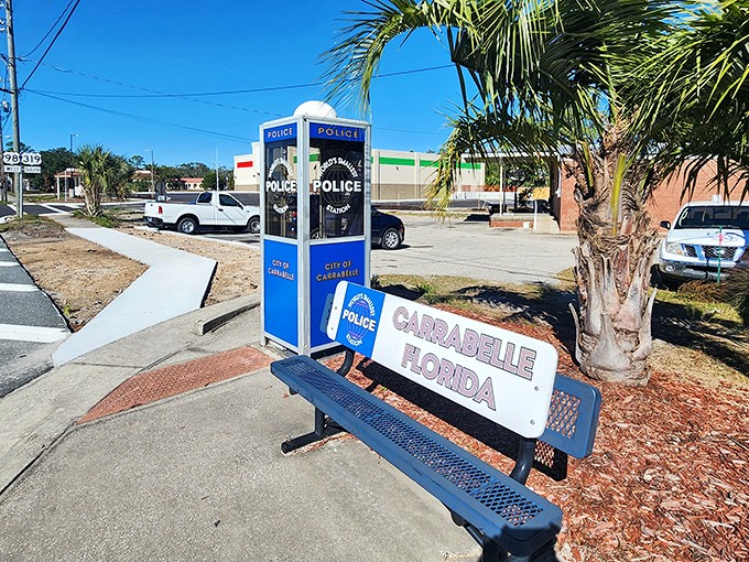 "Honey, I shrunk the police station!" Carrabelle's iconic blue box stands ready for duty&mdash;or at least ready for your vacation photos.