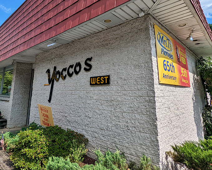Yocco's West location stands proudly with its stone facade and red roof – a landmark for hot dog pilgrims throughout Pennsylvania.