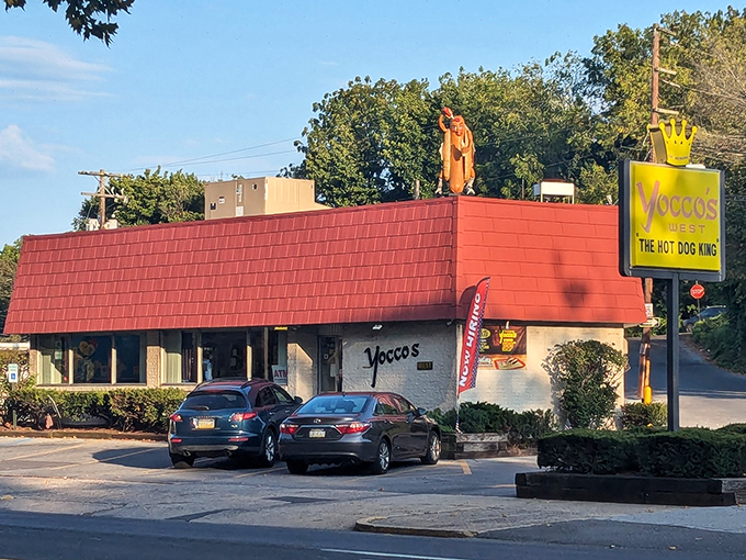All hail the Hot Dog King! Yocco's distinctive silhouette against the Pennsylvania sky promises delicious relief from hunger pangs.