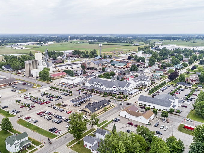 Bird's eye bliss! Shipshewana unfolds like a patchwork quilt from above, revealing its charming downtown surrounded by the rolling farmland that feeds its famous kitchens.
