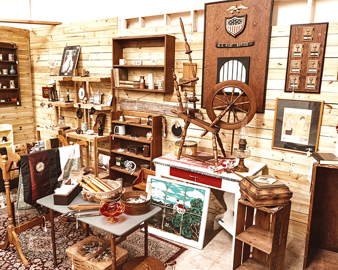 Step into this rustic wonderland where every wooden shelf tells a story. That spinning wheel isn't just decoration&mdash;it's someone's next conversation piece!