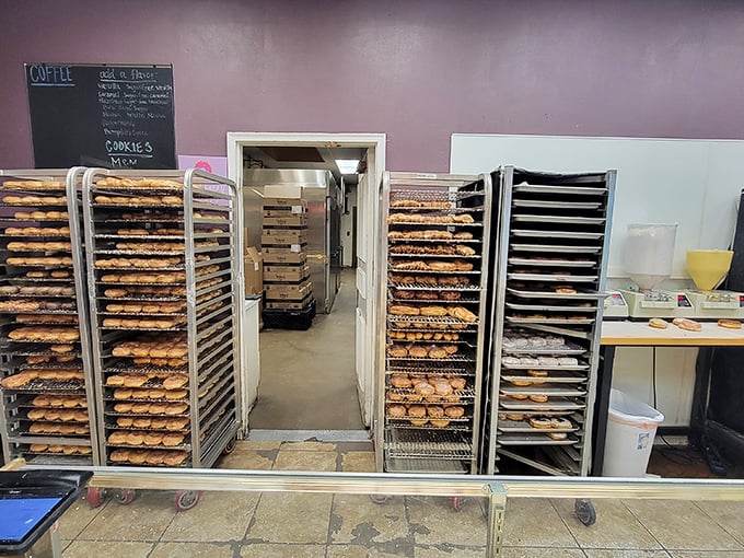 Donut heaven revealed: Rack after glorious rack of freshly made pastries waiting for their moment of glazed perfection.