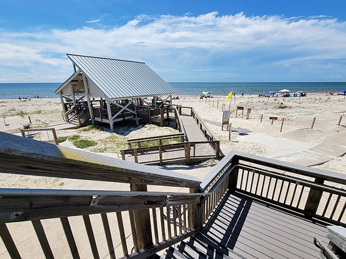 Beach pavilions provide welcome shade after sun-soaked adventures, like a little wooden oasis saying, "Take a load off, friend."