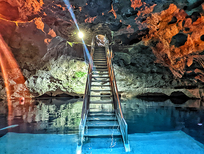 "Stairway to Heaven" might be taken, but "Stairway to Prehistoric Wonder" fits perfectly here. Each step down promises adventure worthy of Indiana Jones.