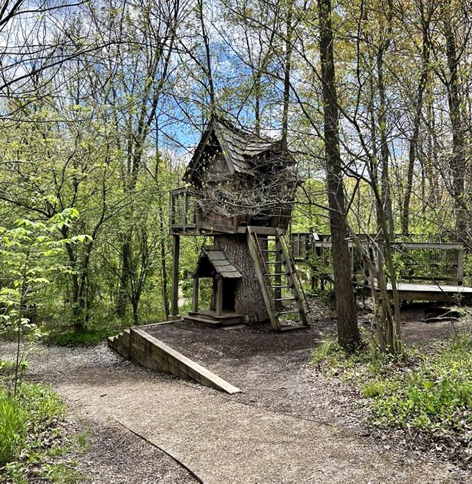 Childhood imagination comes alive in this whimsical treehouse. Even adults can't resist the urge to climb up and survey their magical kingdom.