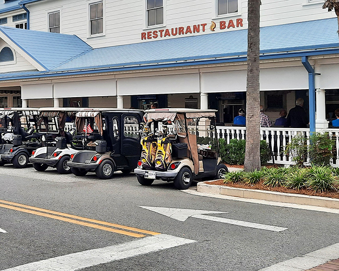 Where golf carts are the chariot of choice! City Fire's patio offers front-row seats to The Villages' unique transportation ballet.