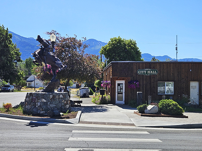 Joseph's City Hall keeps things simple with rustic charm and a bronze sculpture that says, "Yes, we take our Western heritage seriously around here."