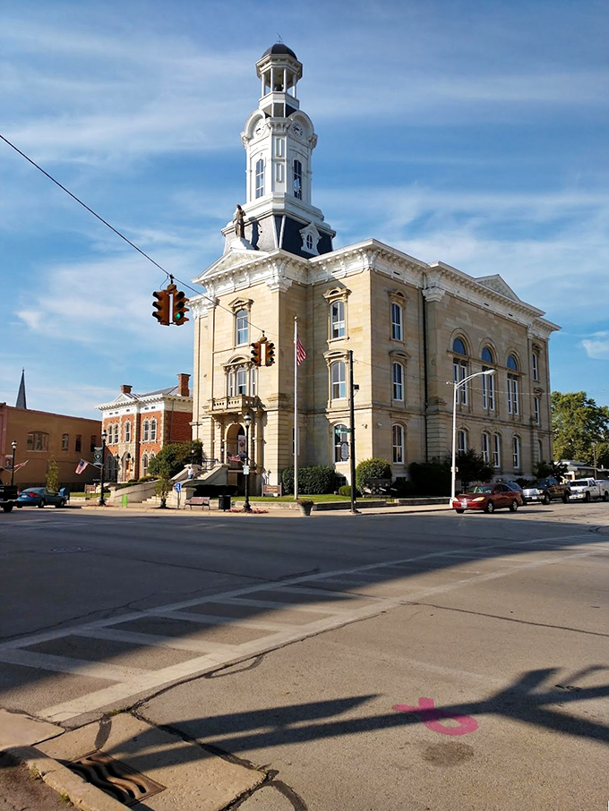 The majestic Darke County Courthouse stands sentinel over Greenville with its striking clock tower, a testament to the town's rich heritage and architectural pride.