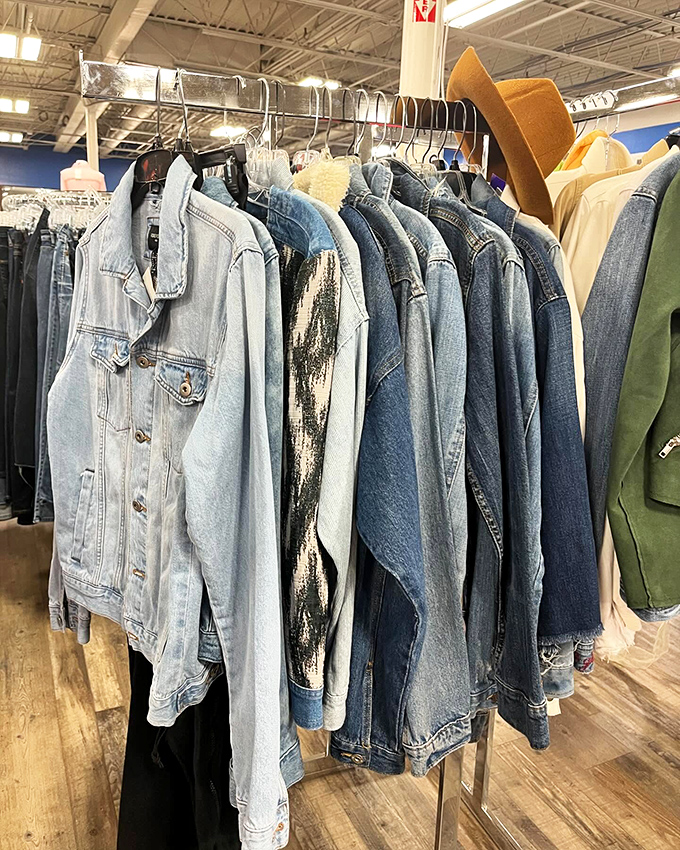 Denim heaven awaits! From vintage trucker jackets to modern styles, this rack holds more fashion history than your favorite Ken Burns documentary.