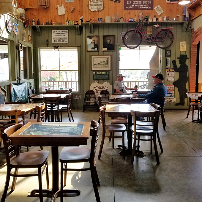 Wooden tables bathed in natural light offer front-row seats to the gentle rhythm of Amish country. The vintage bicycle hanging overhead isn't going anywhere—and neither will you.