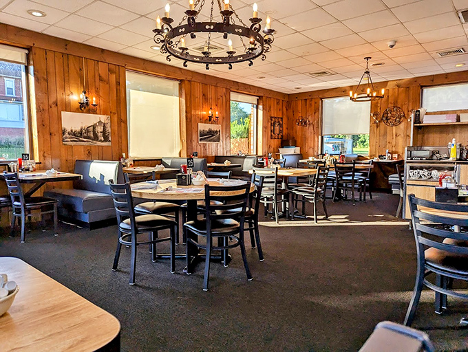 Wood-paneled walls, wrought iron chandeliers, and comfortable seating create that perfect "everybody knows your name" atmosphere where calories don't count and conversations flow freely.