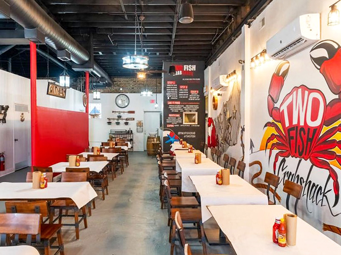 Simple wooden tables covered in white paper stand ready for battle&mdash;the delicious kind where everyone wins and napkins are casualties.