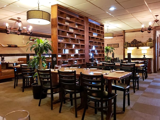 Wooden dividers create intimate dining spaces without sacrificing the communal energy. It's like having your own private steakhouse within a steakhouse.