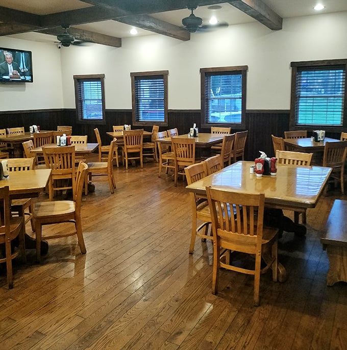 Warm wood tones and sturdy furniture create that "everybody knows your name" vibe&mdash;comfort before it was trendy.