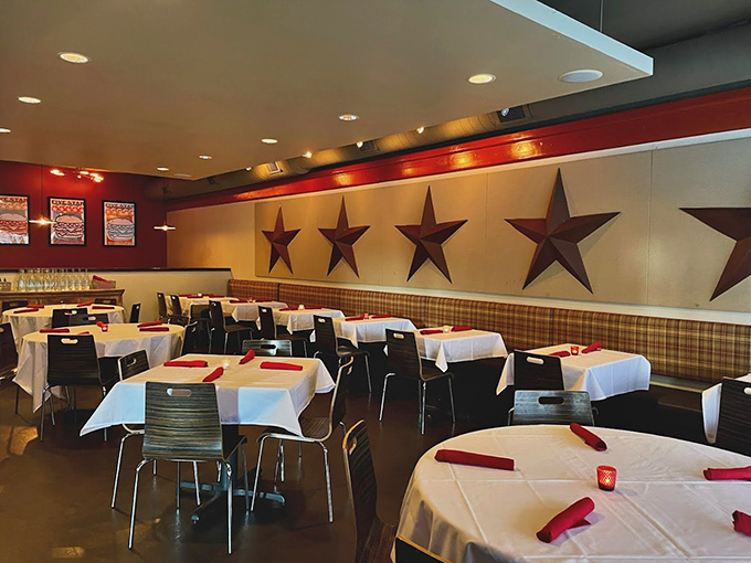 Metal stars adorn the walls while plaid upholstery adds homey charm. It's like dining in your stylish friend's kitchen&mdash;if your friend made incredible burgers.