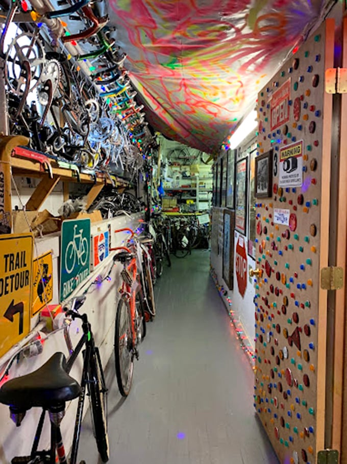 Narrow passages create an Alice-in-Wonderland journey through bicycle history. Every inch of wall space tells a story of American innovation.