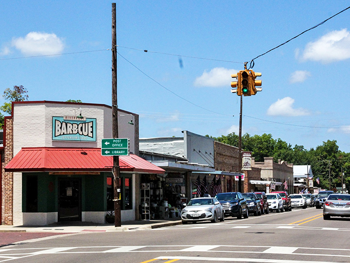 Main Street looks like a movie set, but the barbecue smoke and antique treasures are deliciously real.