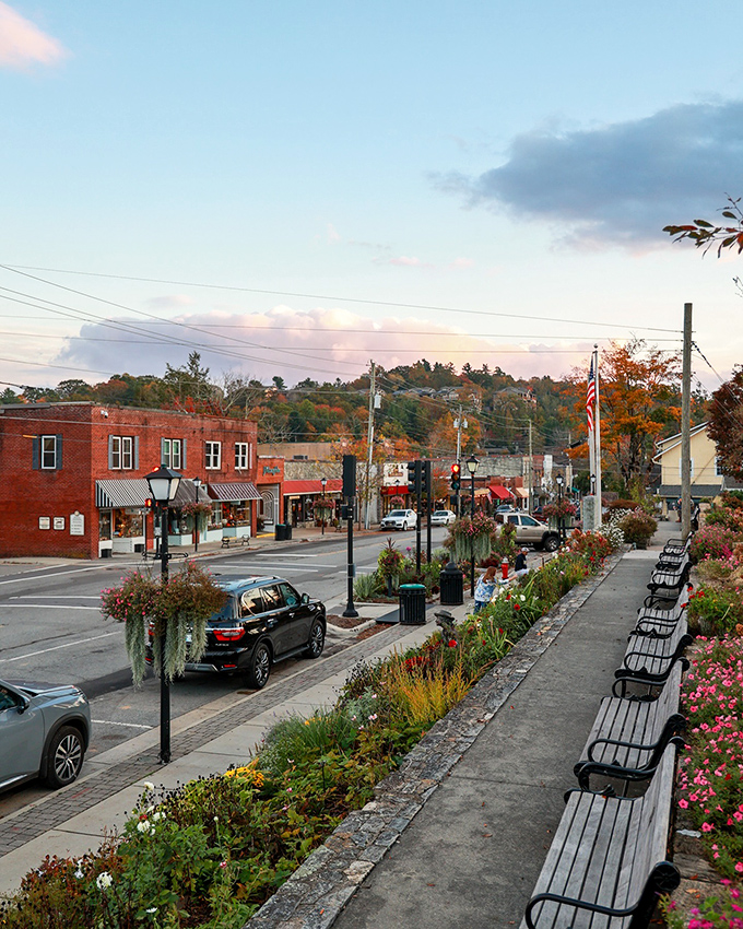 Sunset paints the town in golden hues. Blowing Rock's carefully preserved downtown looks like a movie set, except the happiness here is genuine.