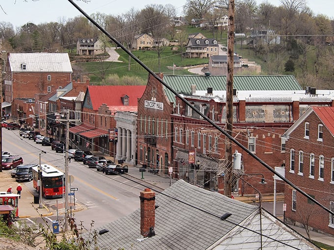 A bird's-eye view of Hermann's downtown reveals a patchwork of red-brick buildings nestled against rolling hills, like a German village transplanted to Missouri.