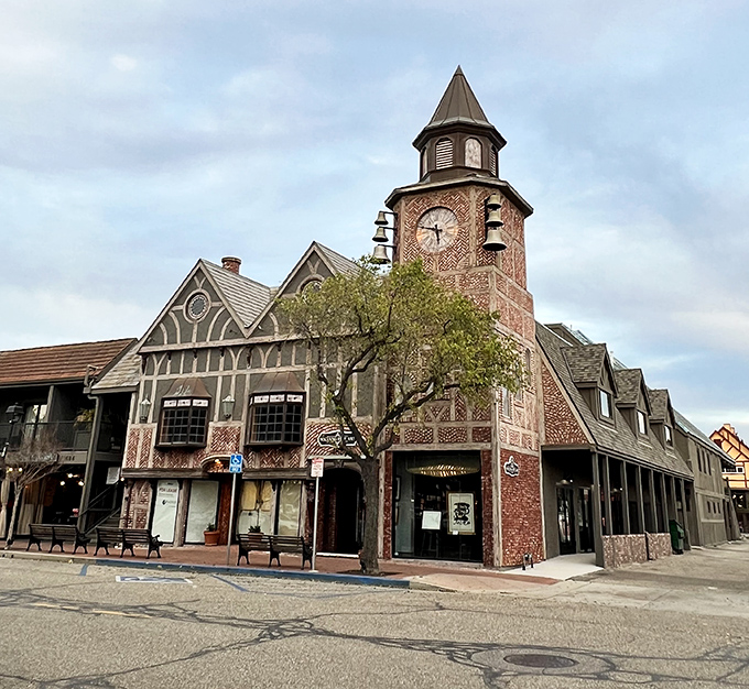 This clock tower isn't just telling time; it's telling stories of old-world craftsmanship in the heart of Solvang's downtown.