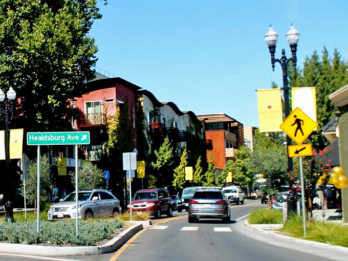Healdsburg Avenue welcomes visitors with colorful buildings and tree-lined streets—like Main Street USA got a sophisticated wine country makeover.