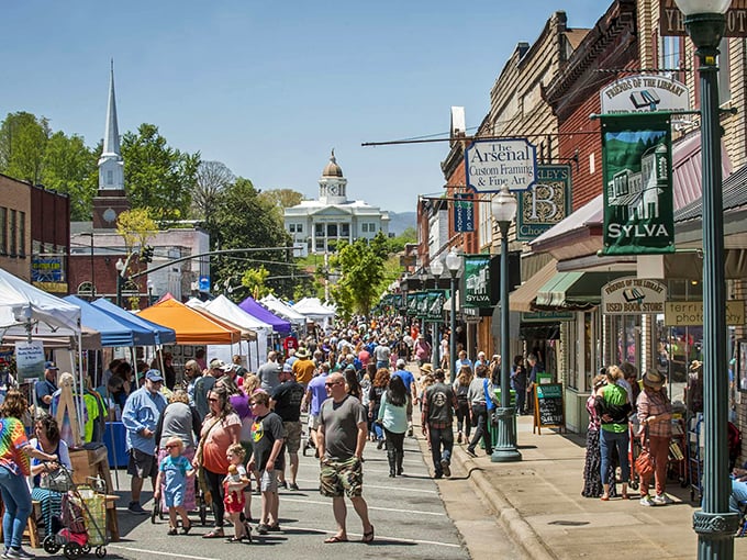 Festival day in downtown Sylva transforms the streets into a vibrant community celebration with the historic courthouse standing guard like a proud parent.