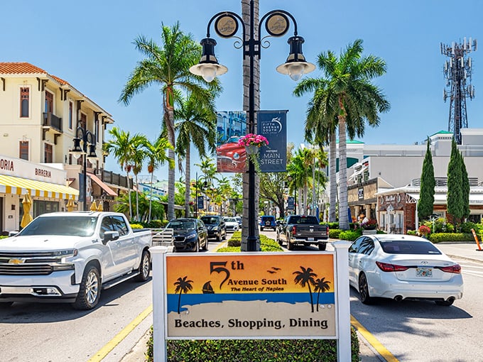 Fifth Avenue South: where palm trees stand guard over boutiques that will happily accept your credit card sacrifices.