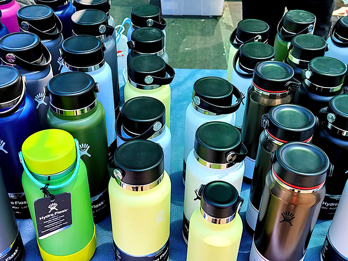 A rainbow of hydration options stands at attention &ndash; proof that even water bottles can spark joy in the right colors.