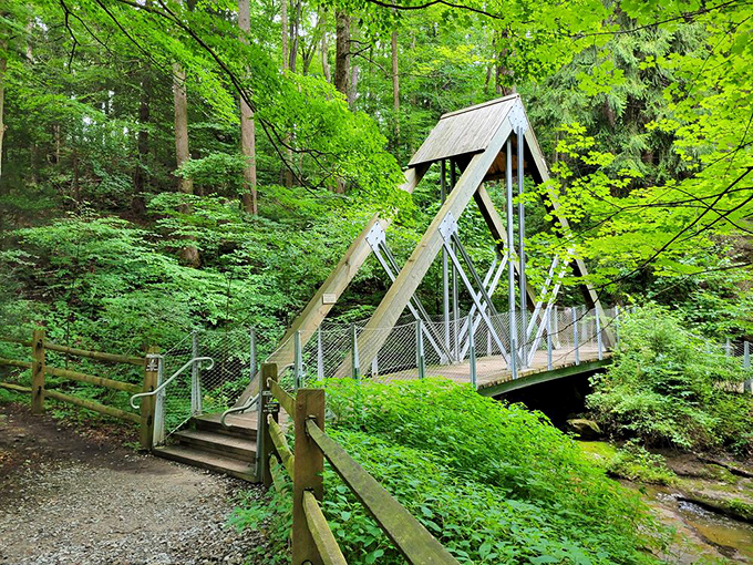 This isn't just a bridge&mdash;it's a portal to wonder. The thoughtfully designed walkway invites visitors into Buttermilk Falls' emerald kingdom.